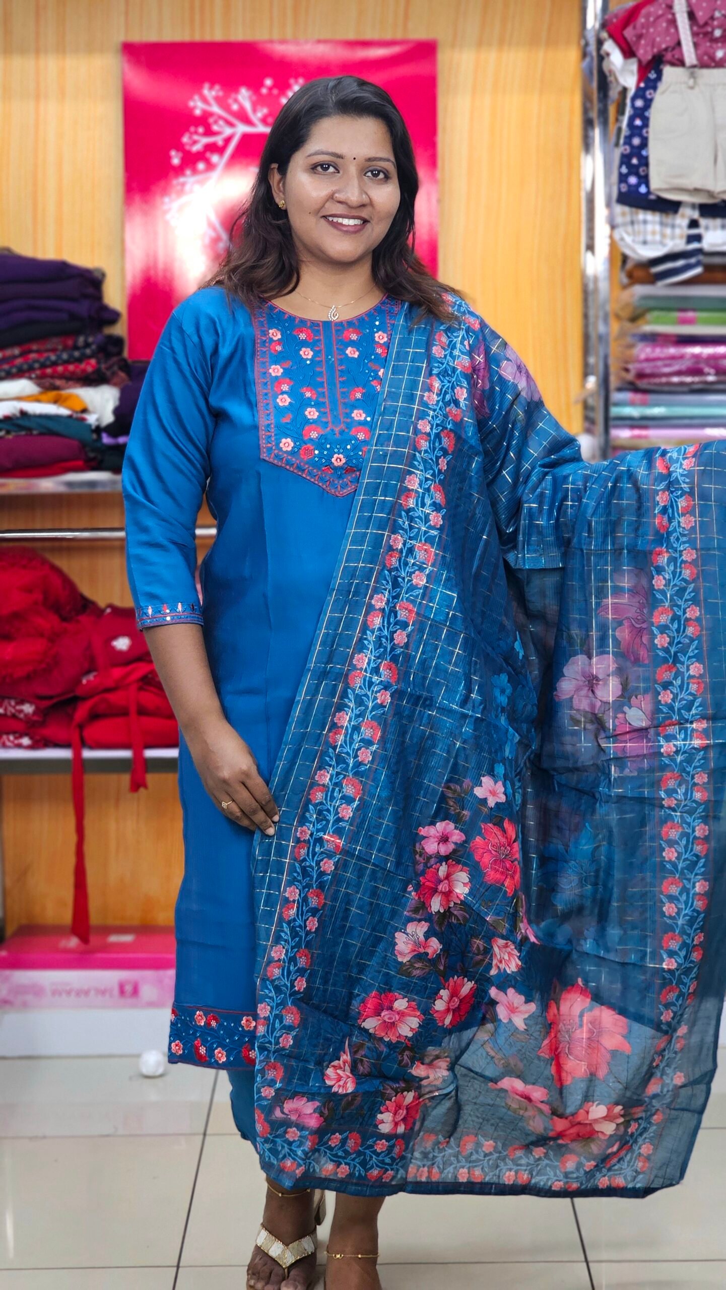 Blue Slub Silk Embroidered Salwar Set with Digital Print duppatta ...