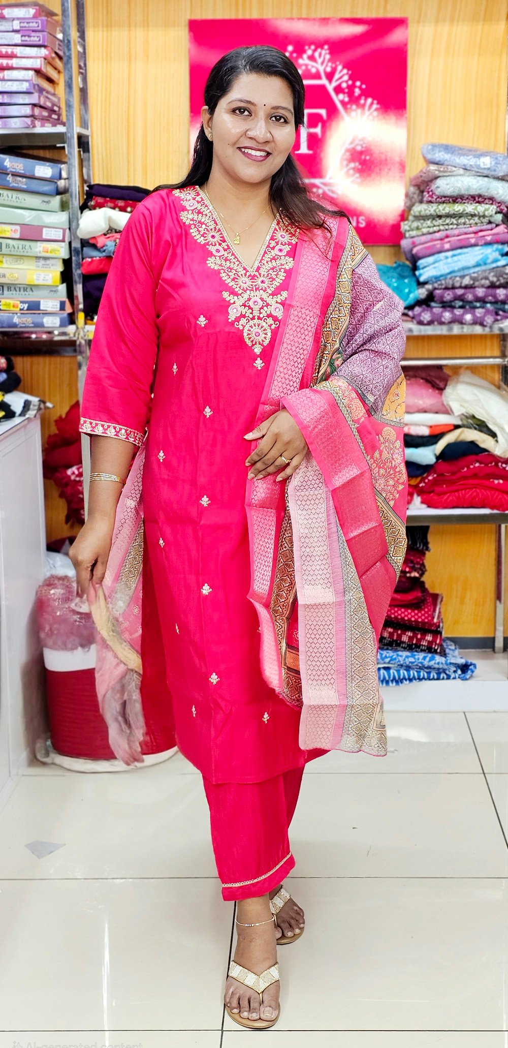 Pink Roman silk Top with Bottom and Dupatta - XXL - Jhanvi Fashions